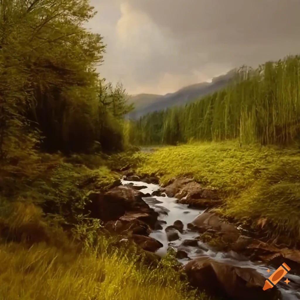 Landscape painting with stream and cottage