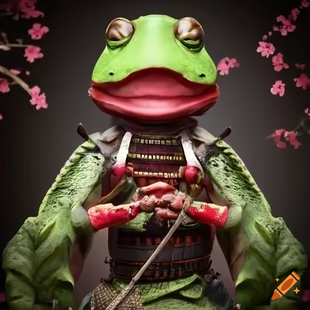 Humanoid frog in samurai suit, behind sakura tree on Craiyon