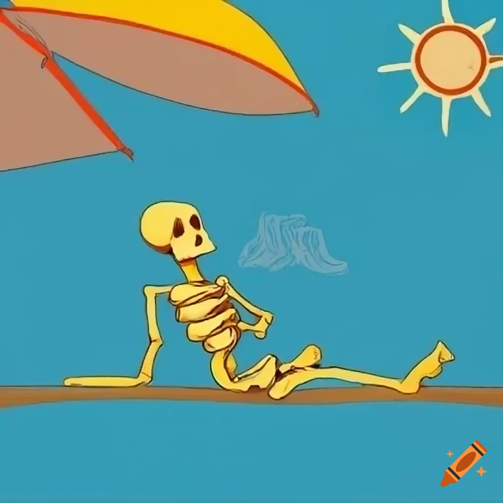 Logo of a skeleton sunbathing on the beach