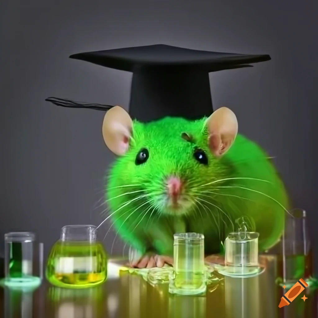 A green mouse wearing a graduation hat with laboratory glassware background