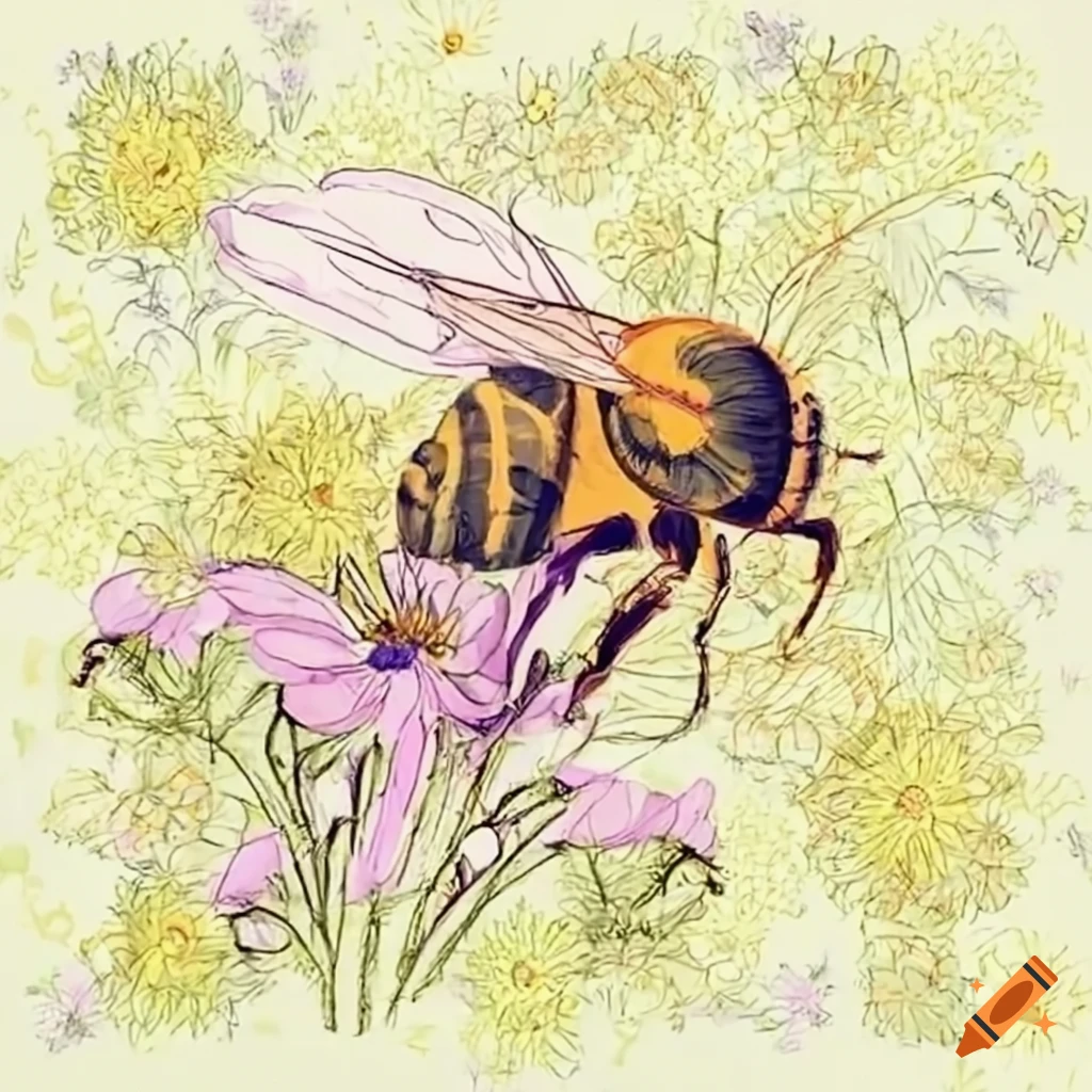 A cheerful bee buzzing around a field of blooming flowers