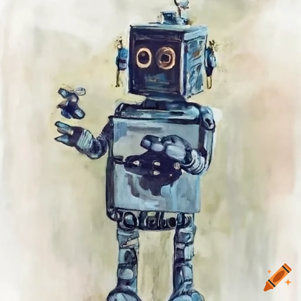 Recursive lithograph of a robot holding a small robot in its hands