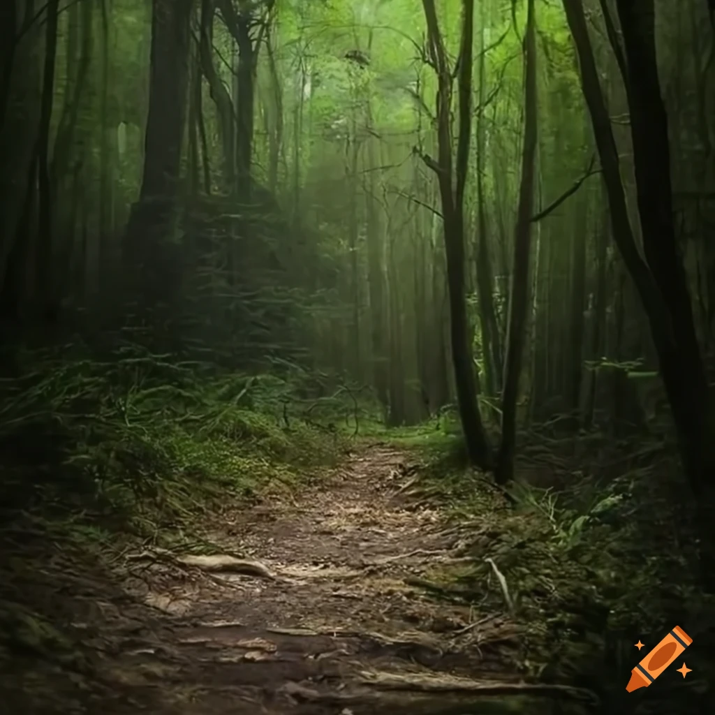 Lightly worn hiking trail that snakes through a dense, dark forest during the summer afternoon ...