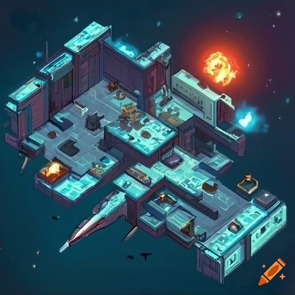 Military outer space hard sci-fi war-gaming map, isometric perspective ...