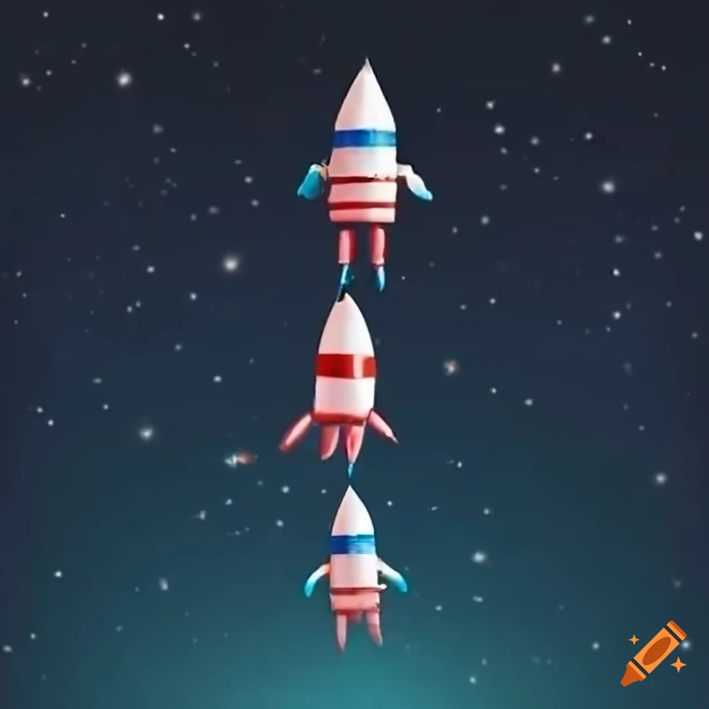 A group of small rockets performing gymnastics in space