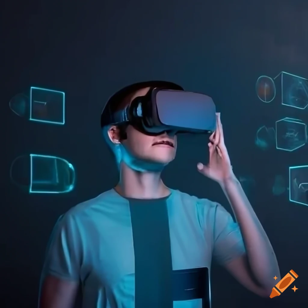 Wide-shoot image of scientist in a technical lab wearing oculus rift ...