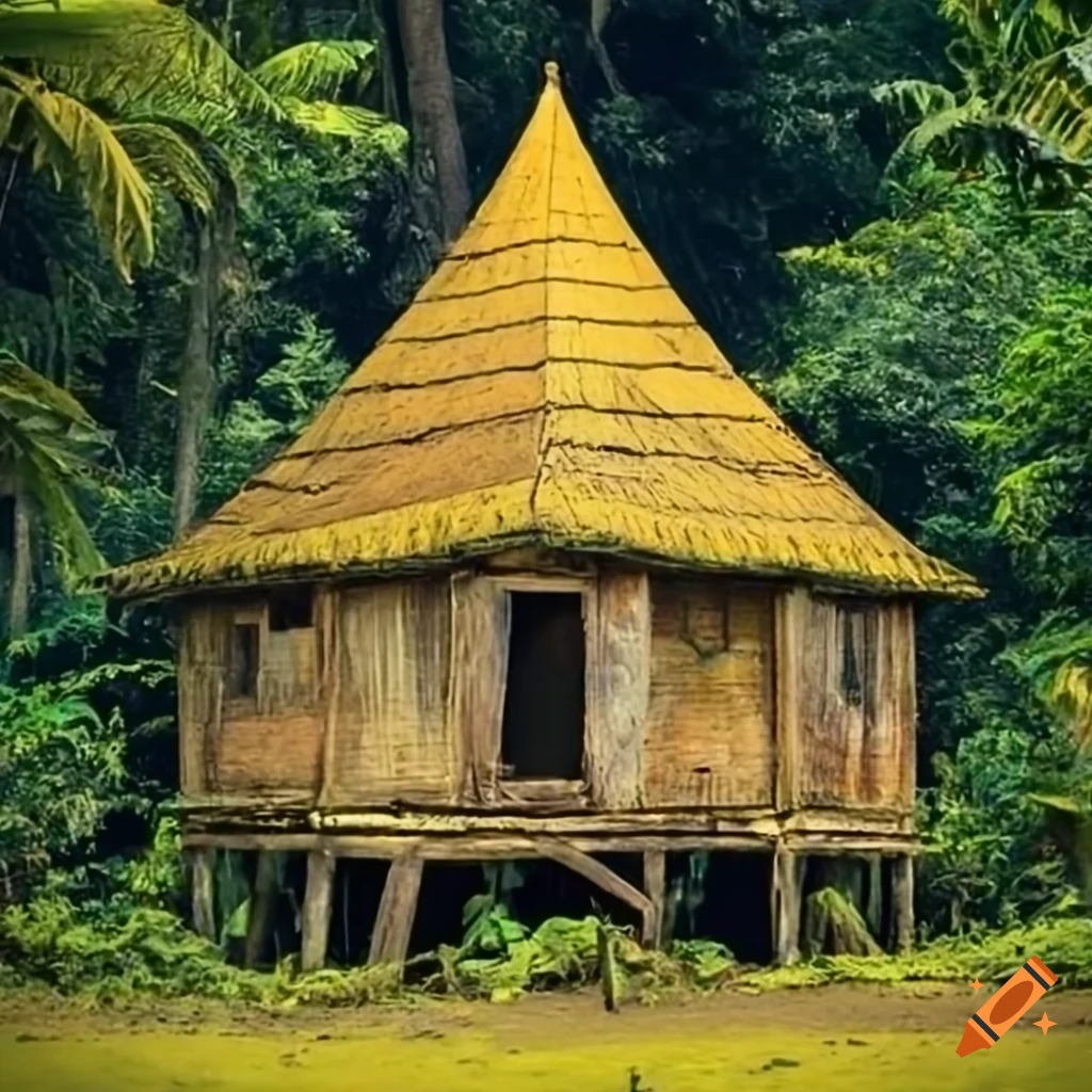Photograph of a great , old and yellow hut that is among the trees of ...