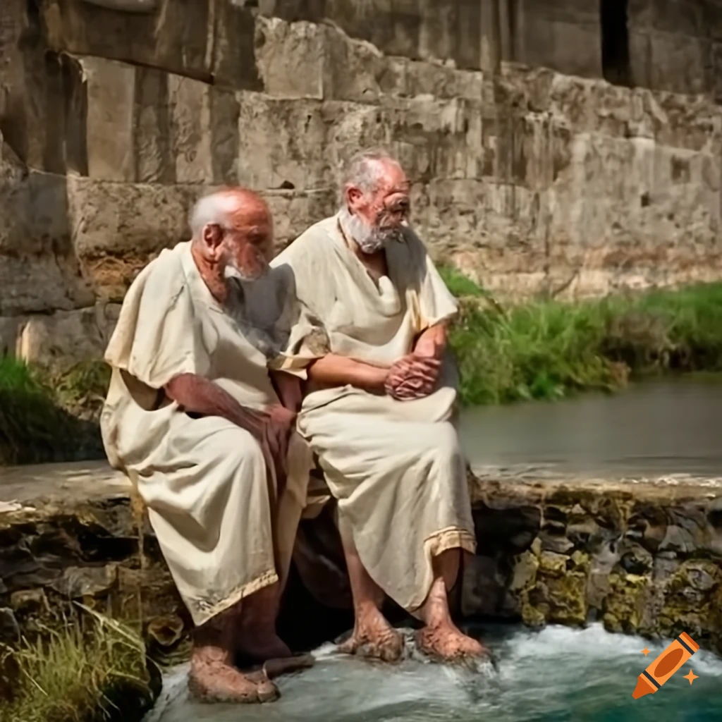 Two old men sitting by a creek wearing plain tunics in ancient greece