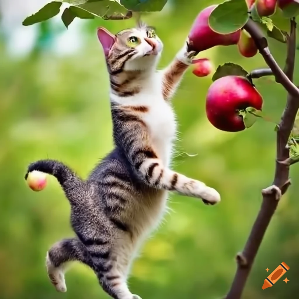 A cat jumping for an apple on an apple tree