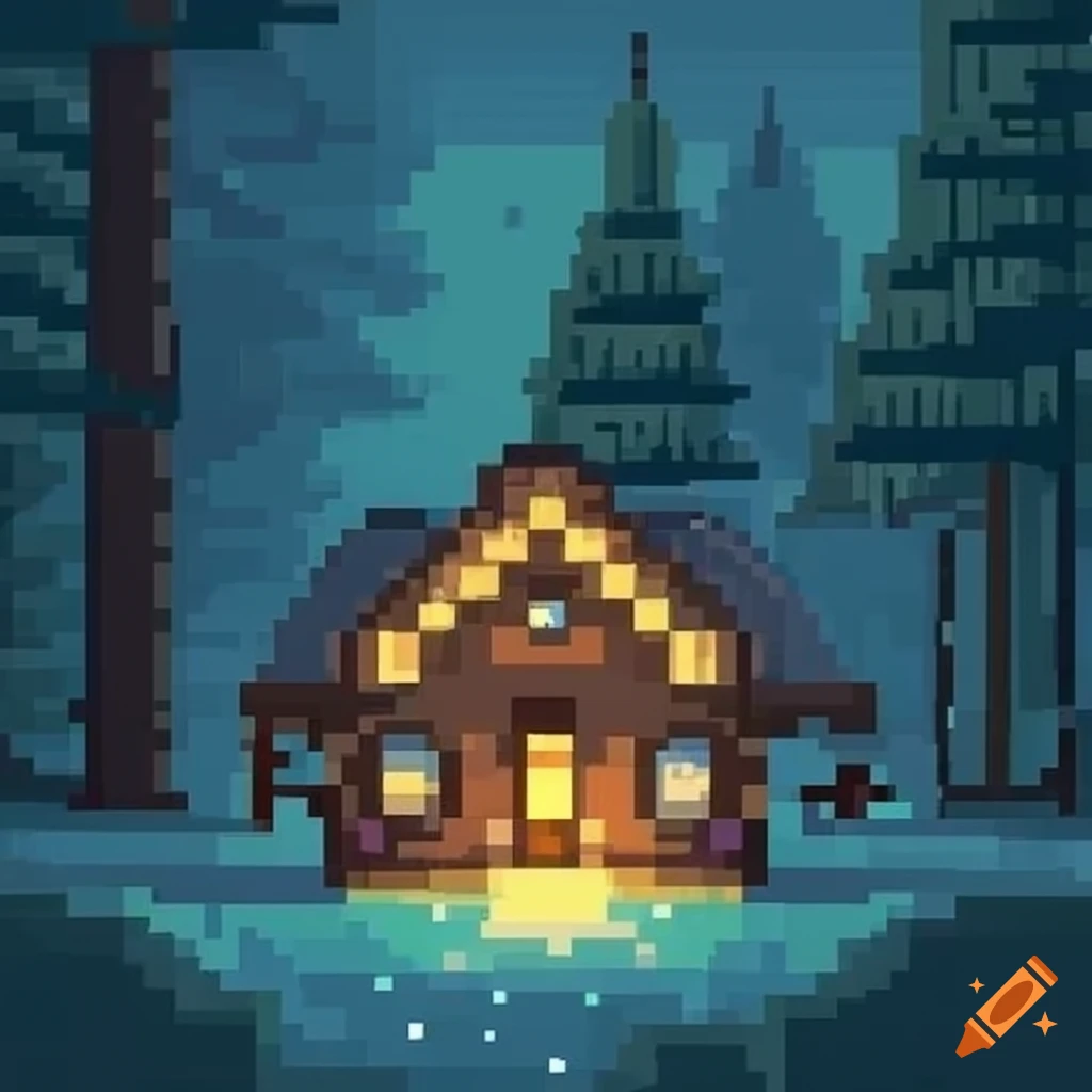Pixel art of a cabin in the woods with the lights on on Craiyon