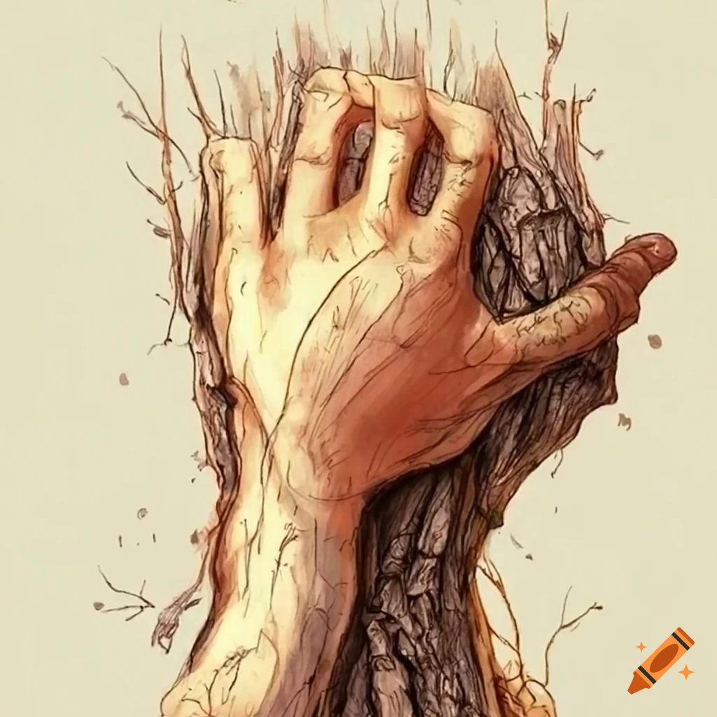 A hand touching a tree's bark in a realist sketch on Craiyon