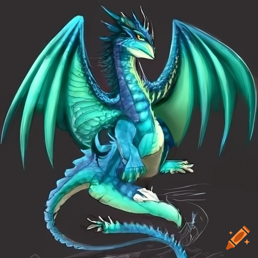 Drawing of an anthro cyan dragon with turquoise wings and black spikes ...