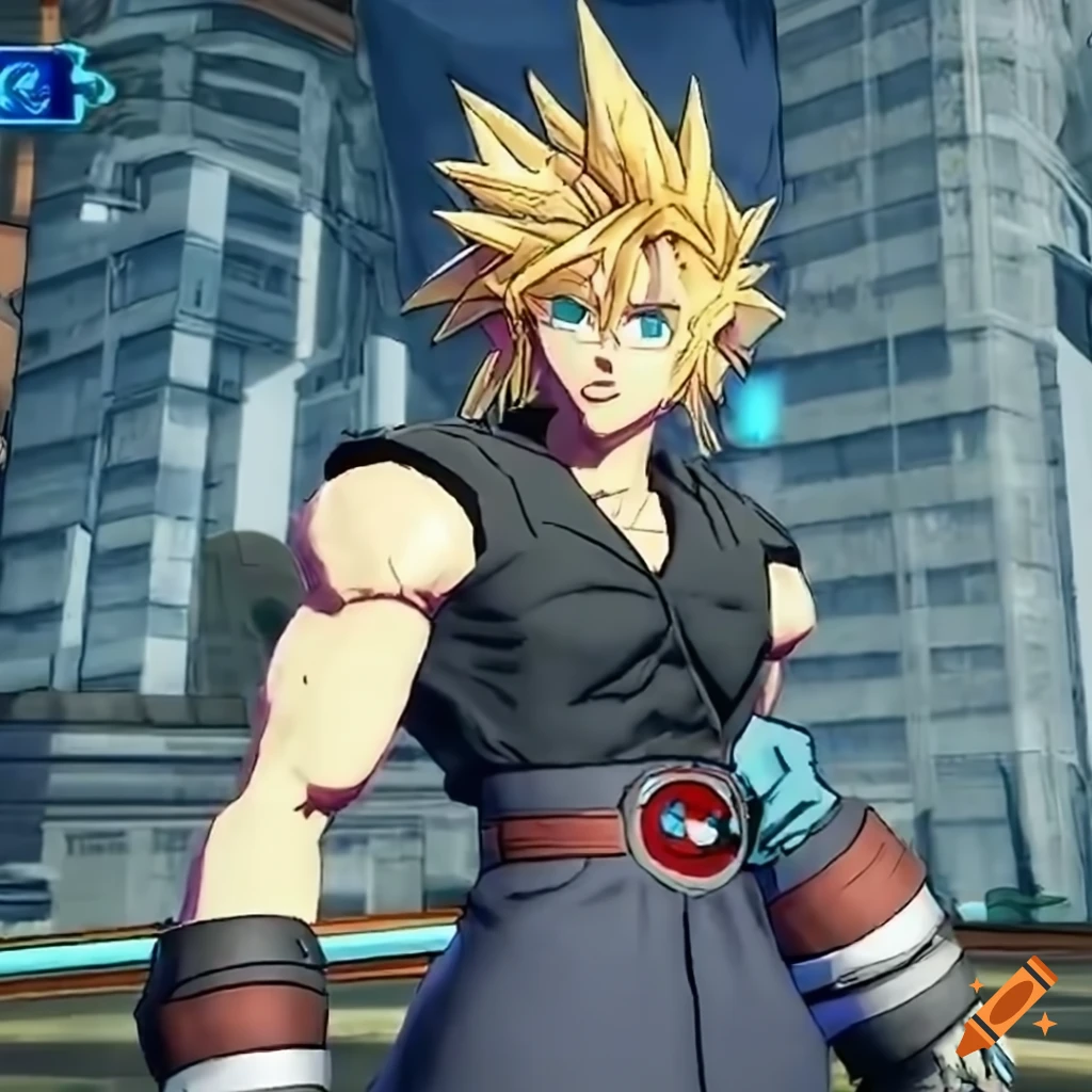 Detailed cloud strife in dragon ball fighterz style on Craiyon