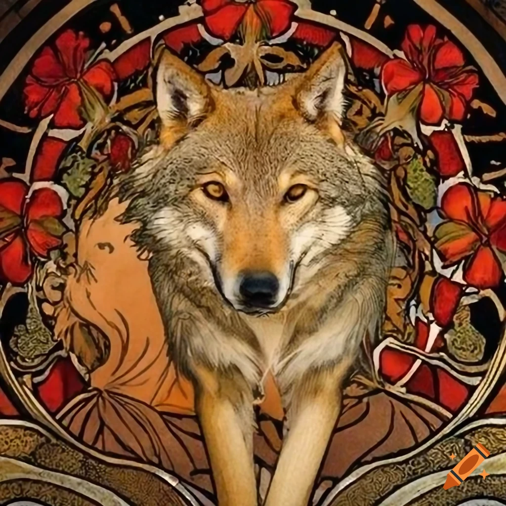 Wolf surealistic alfons mucha on Craiyon