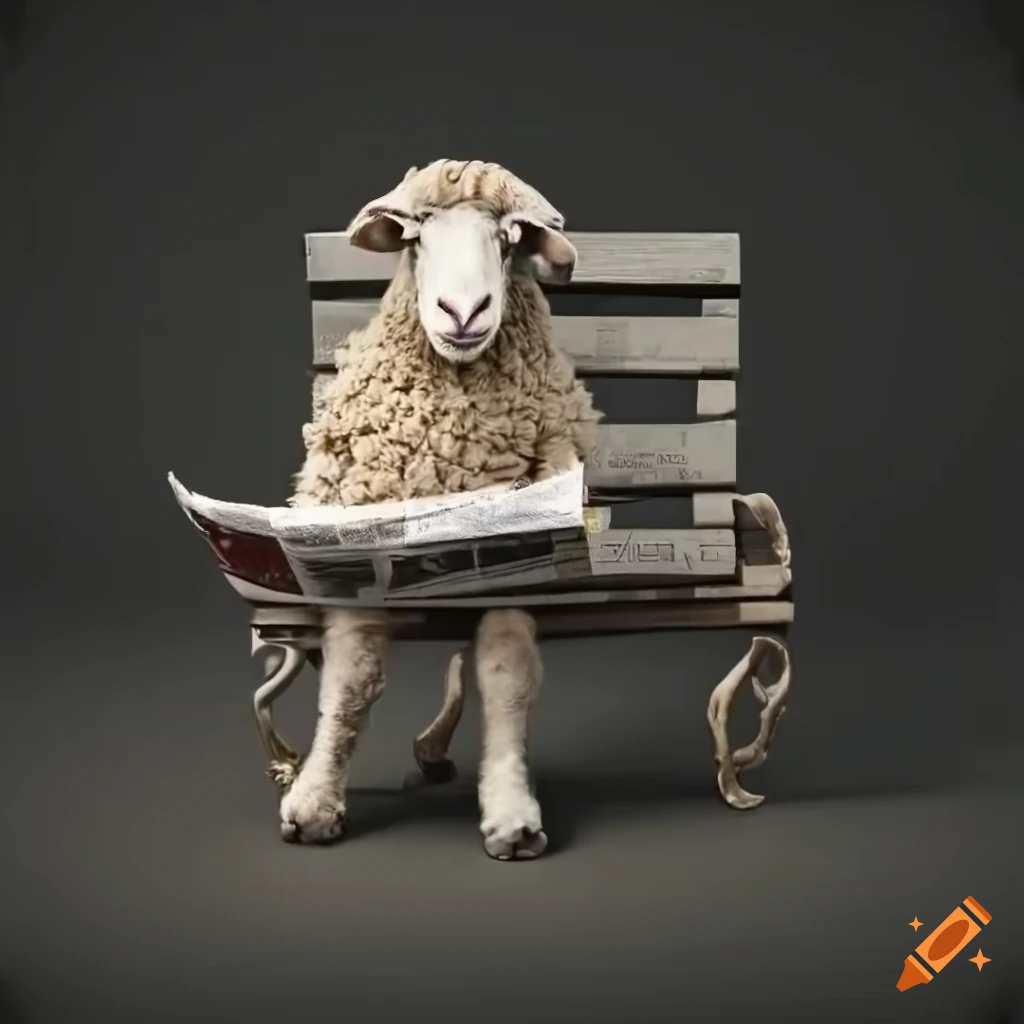 A sheep sitting on a bench with a newspaper