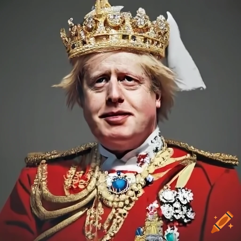 Boris johnson wearing british monarch cloak and crown