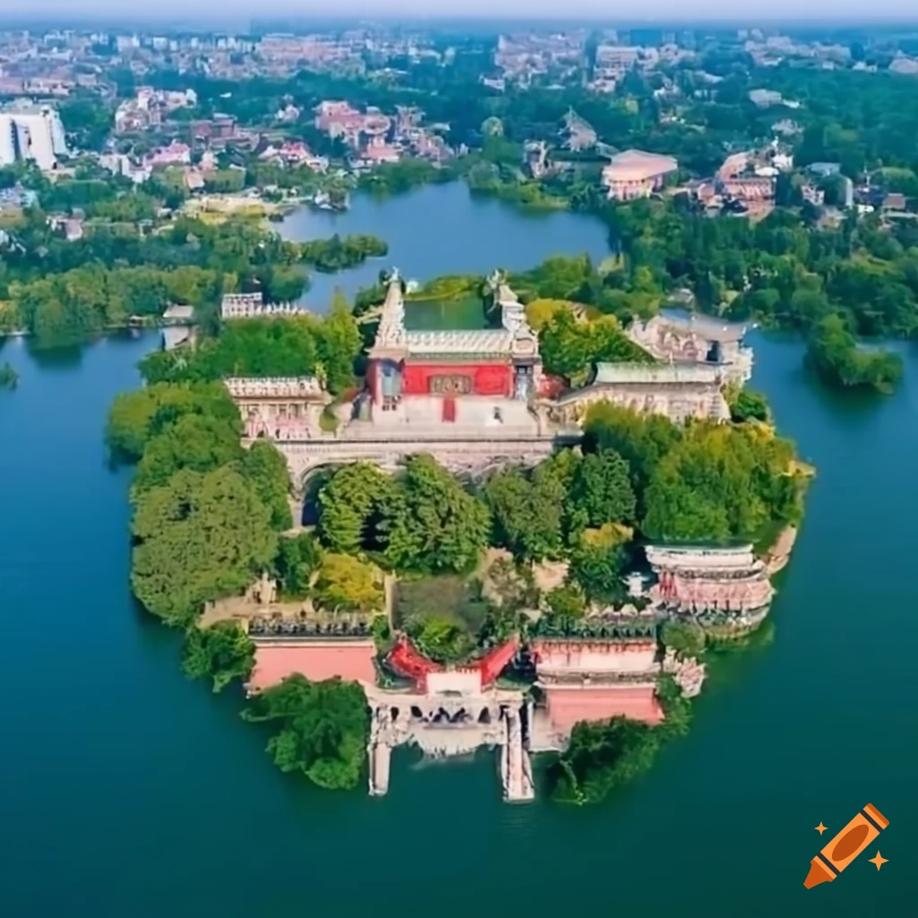 Aerial view of chinese palace surrounded by water and gardens