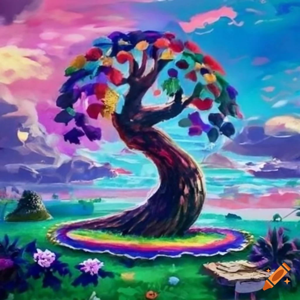 The rainbow tree of life, surreal art, concept art, in animal crossing ...