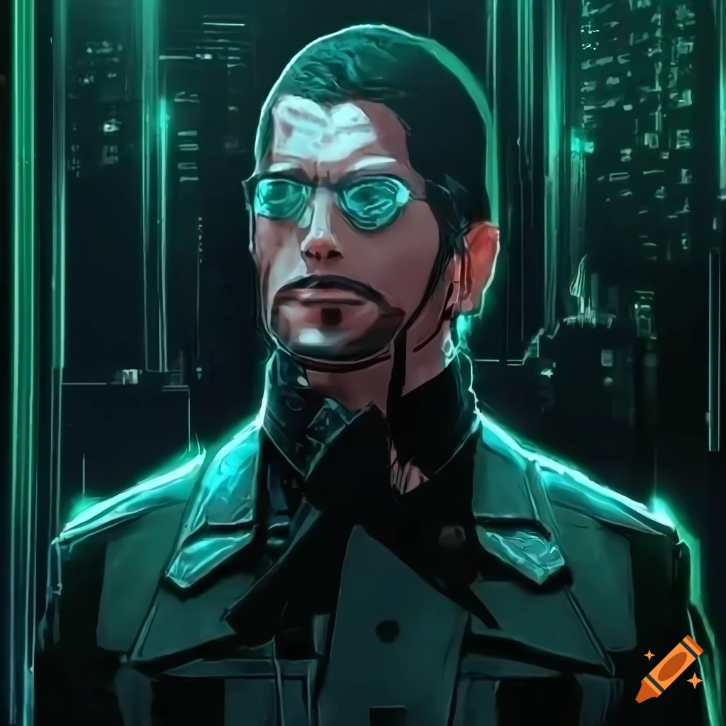 JC Denton from Deus Ex wearing matrix style trench coat and sunglasees ...
