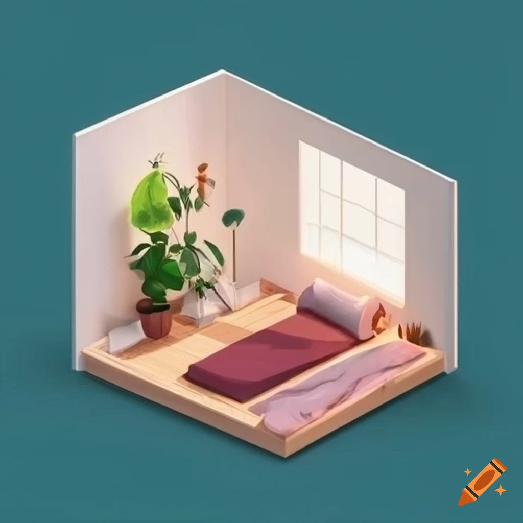 A soothing isometric bedroom with houseplants among the moon, and ...