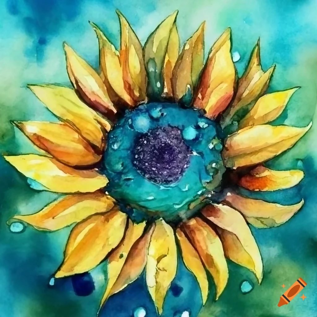 Yellow sunflower with teal droplets on petals, watercolor