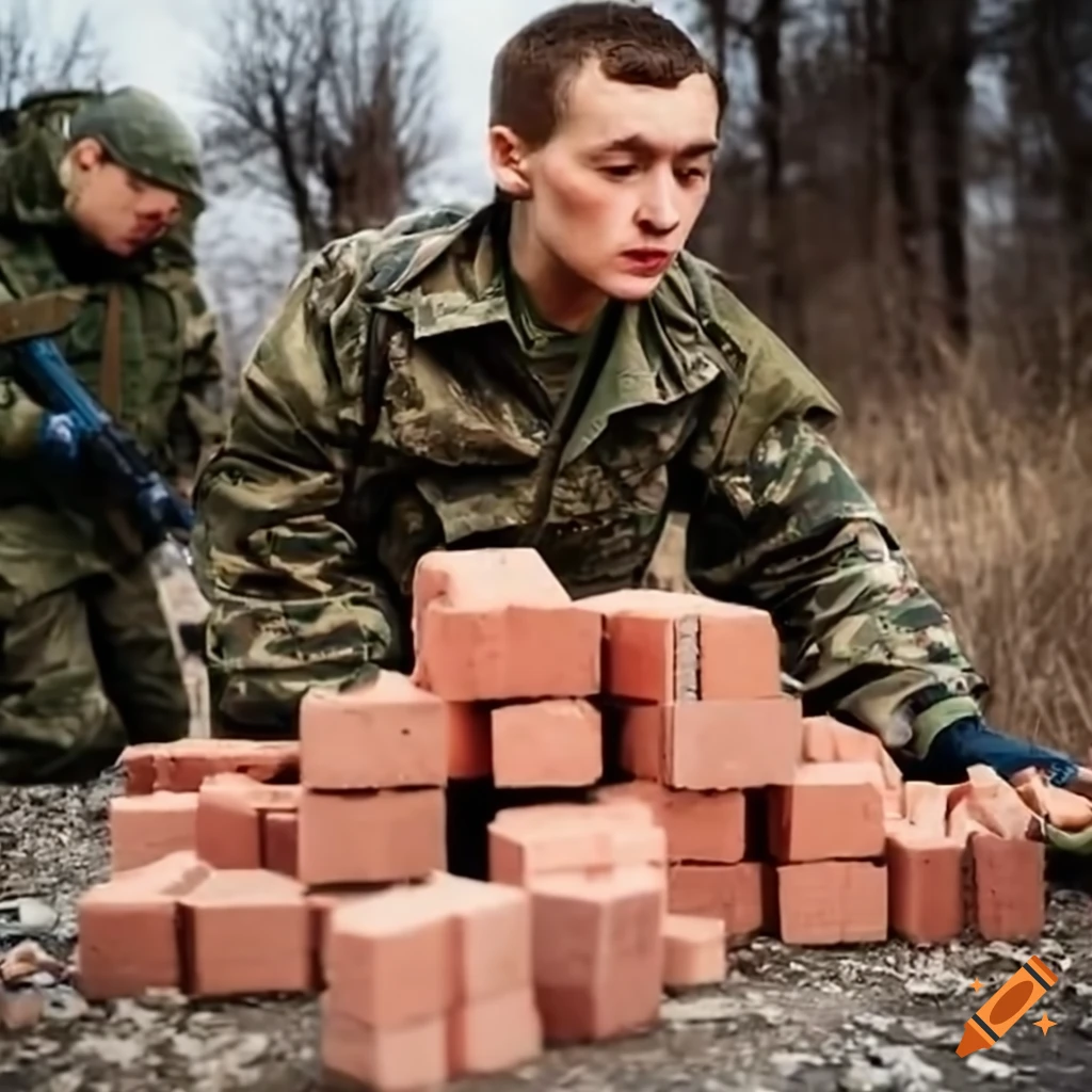 Russian soldier laying bricks by the road on Craiyon
