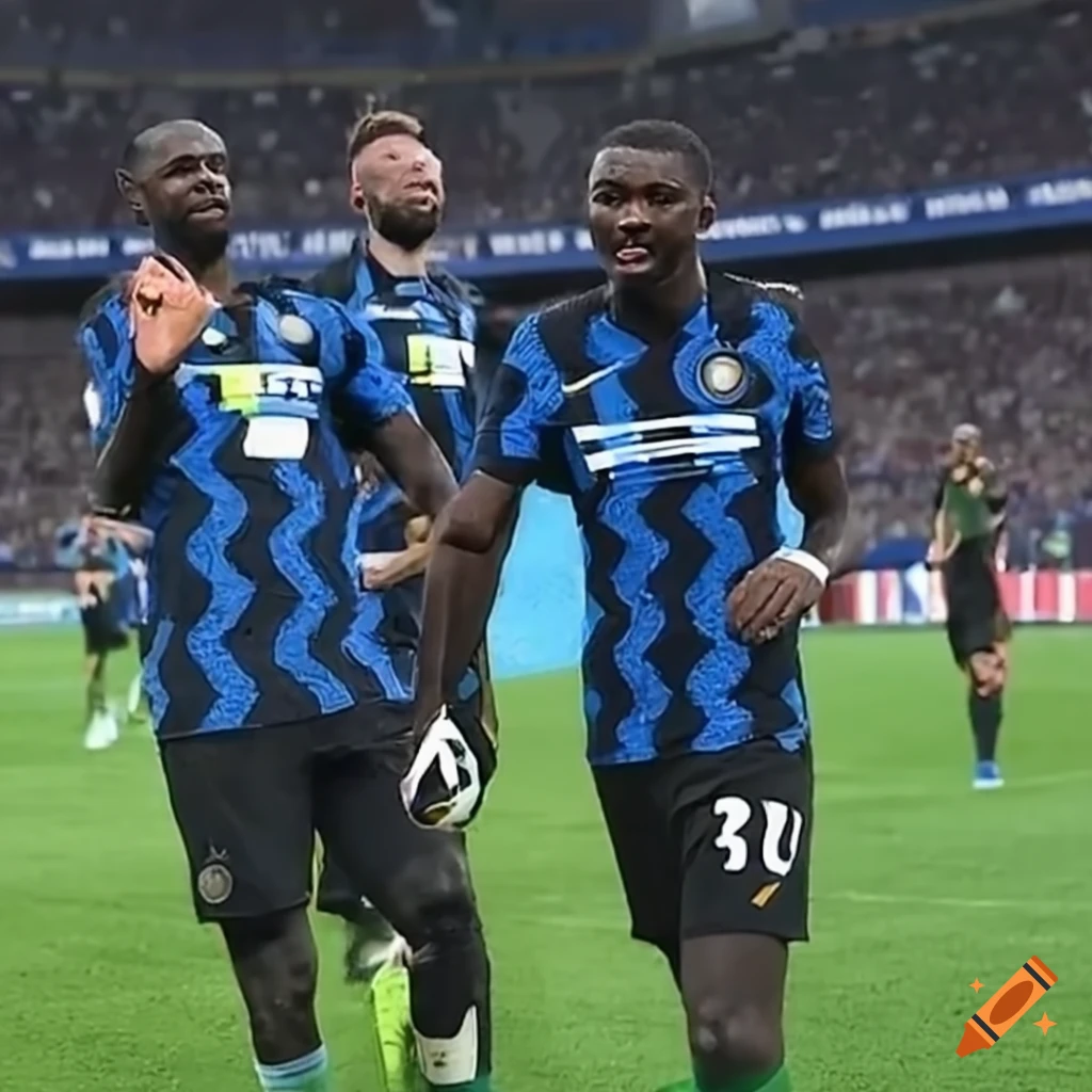 Marcus thuram with fc inter shirt lifts the champions league cup on Craiyon