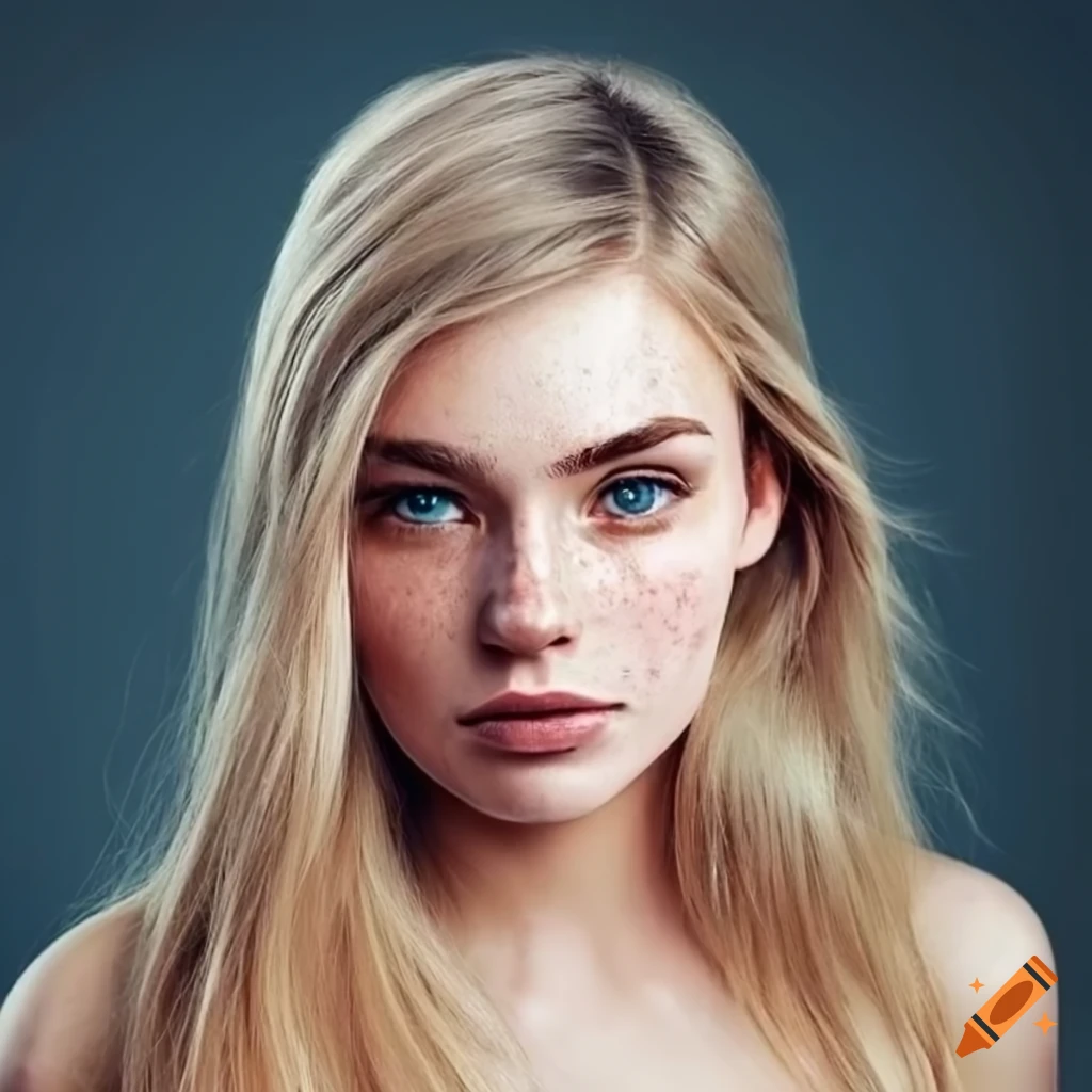 Beautiful young woman shoulder-length blonde hair very light freckles on Craiyon