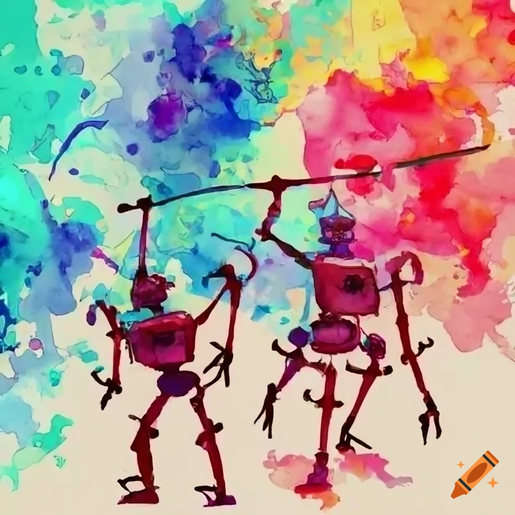Line art of group of marching robots silhouetted in shiny watercolor