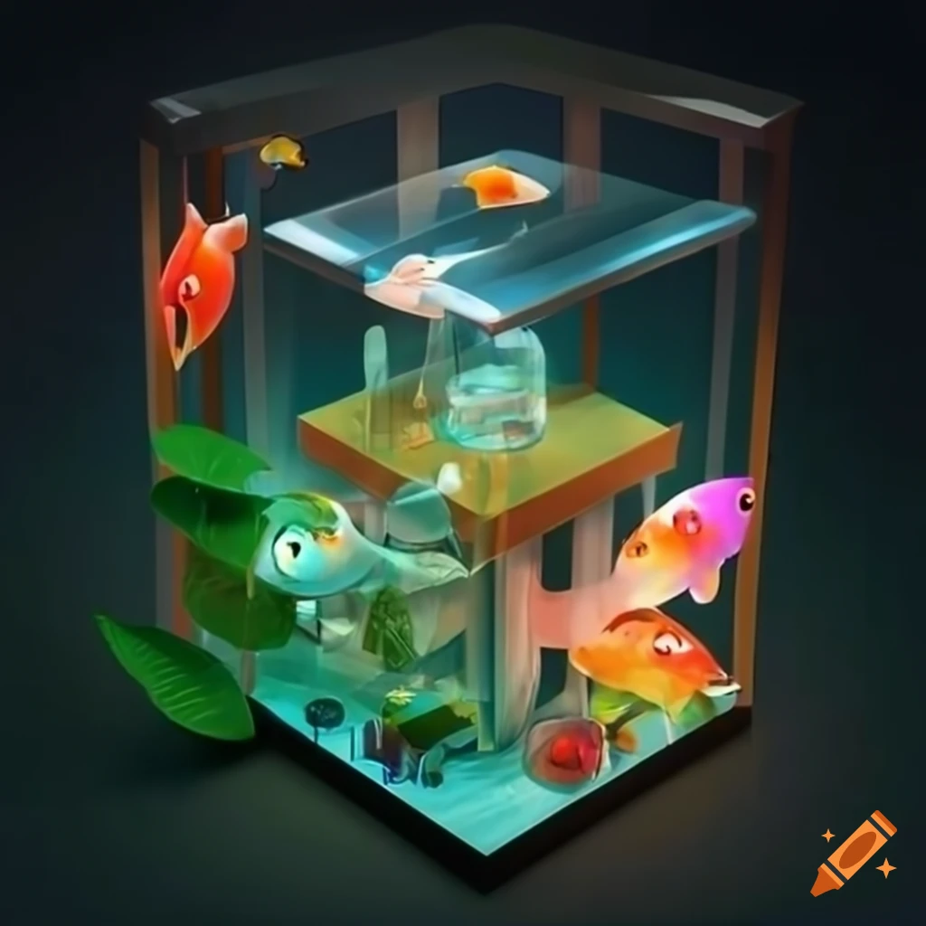A tall isometric glass claw machine with dreamy fish and plants on Craiyon