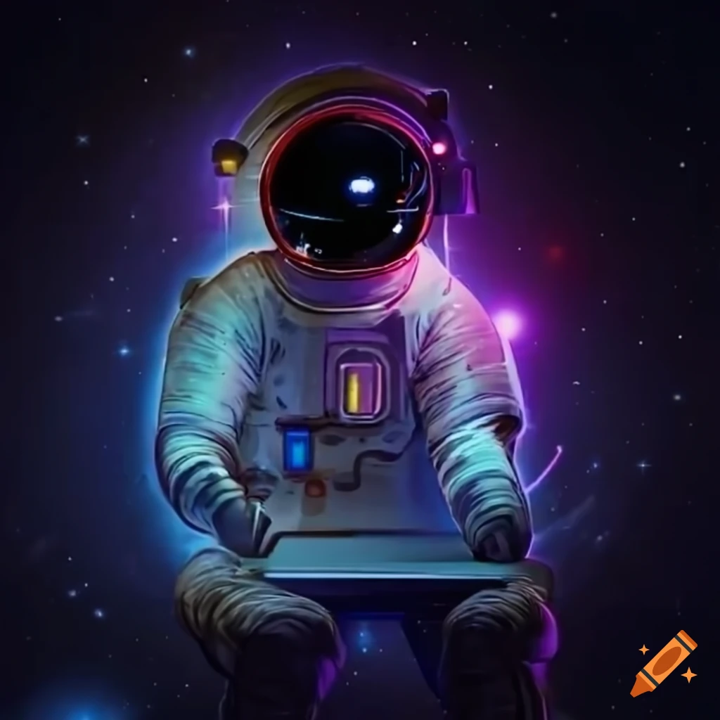 Astronaut coding with laptop in galaxy