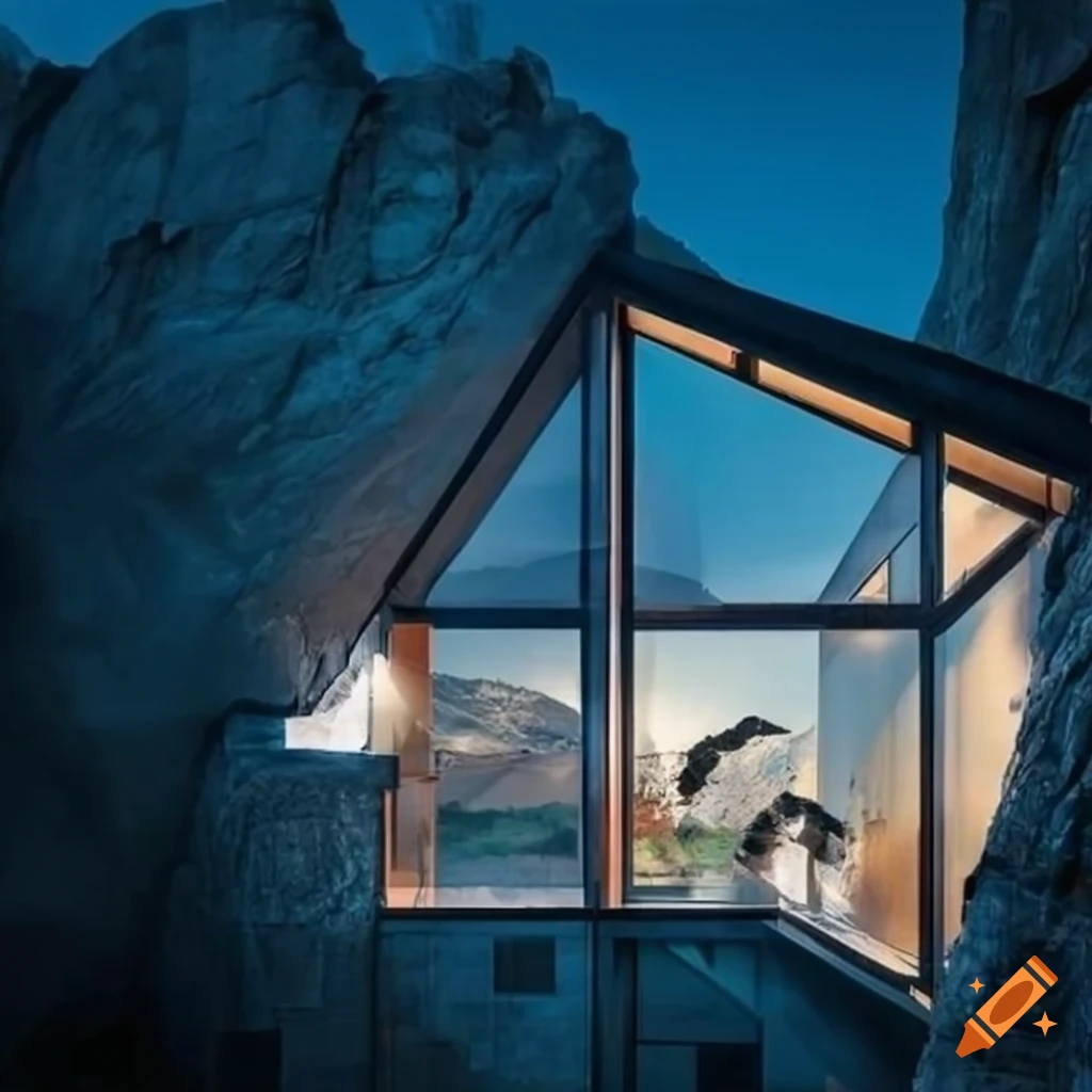 A very tall tiered modern glass-roofed home with arches, embedded ...