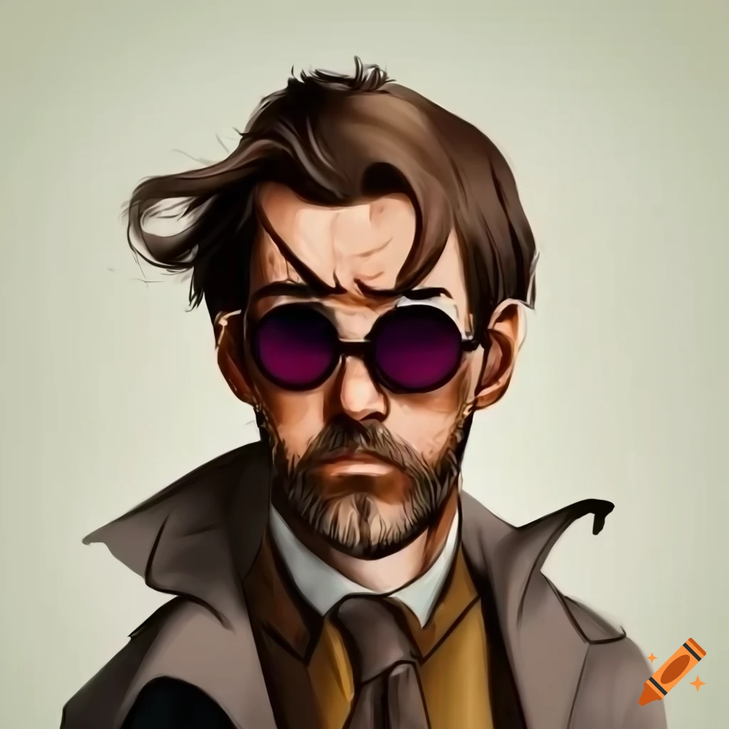 A detective man with brown hair that wears a overcoat and round ...