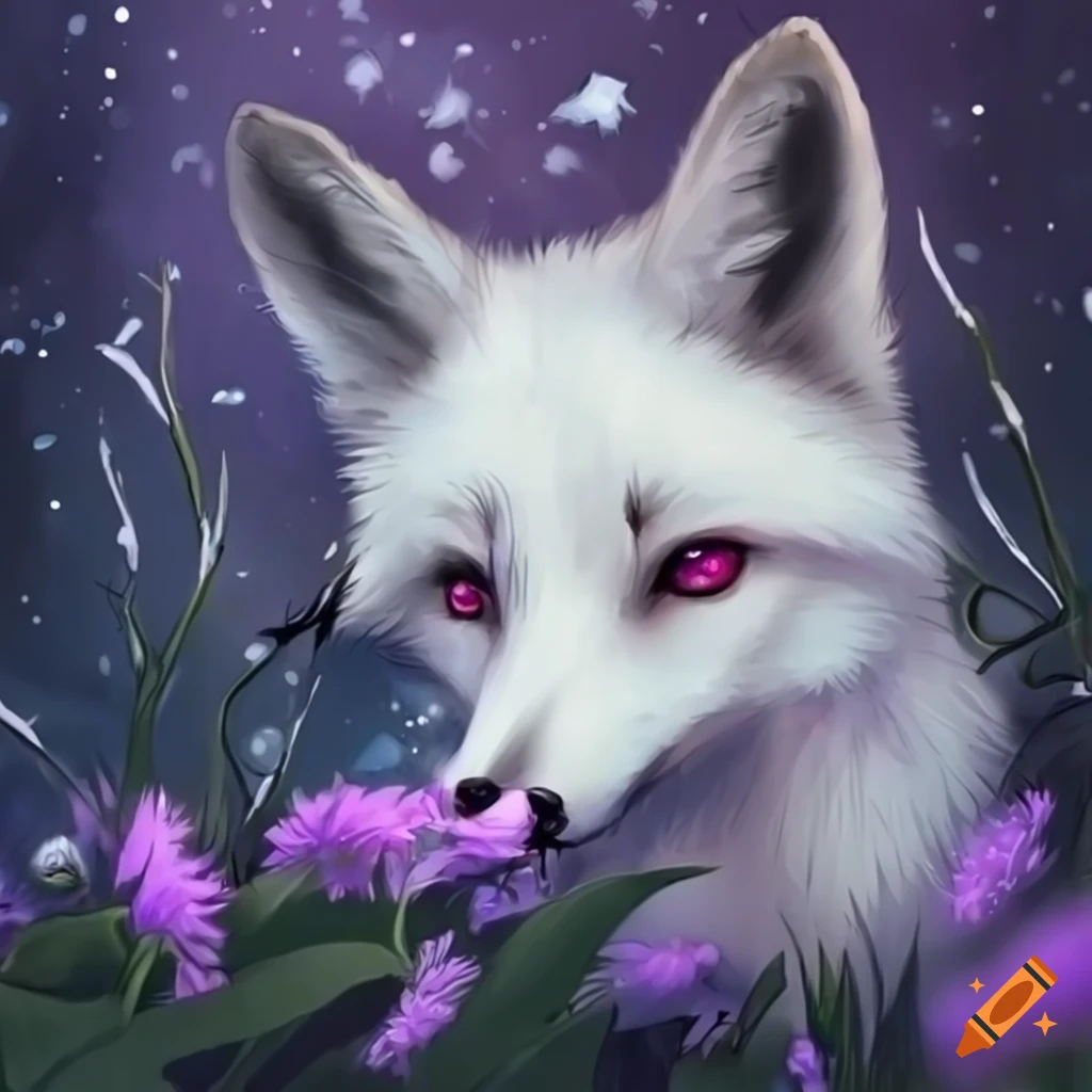 White fox with black ear tips sniffing a purple flower, snowy ...