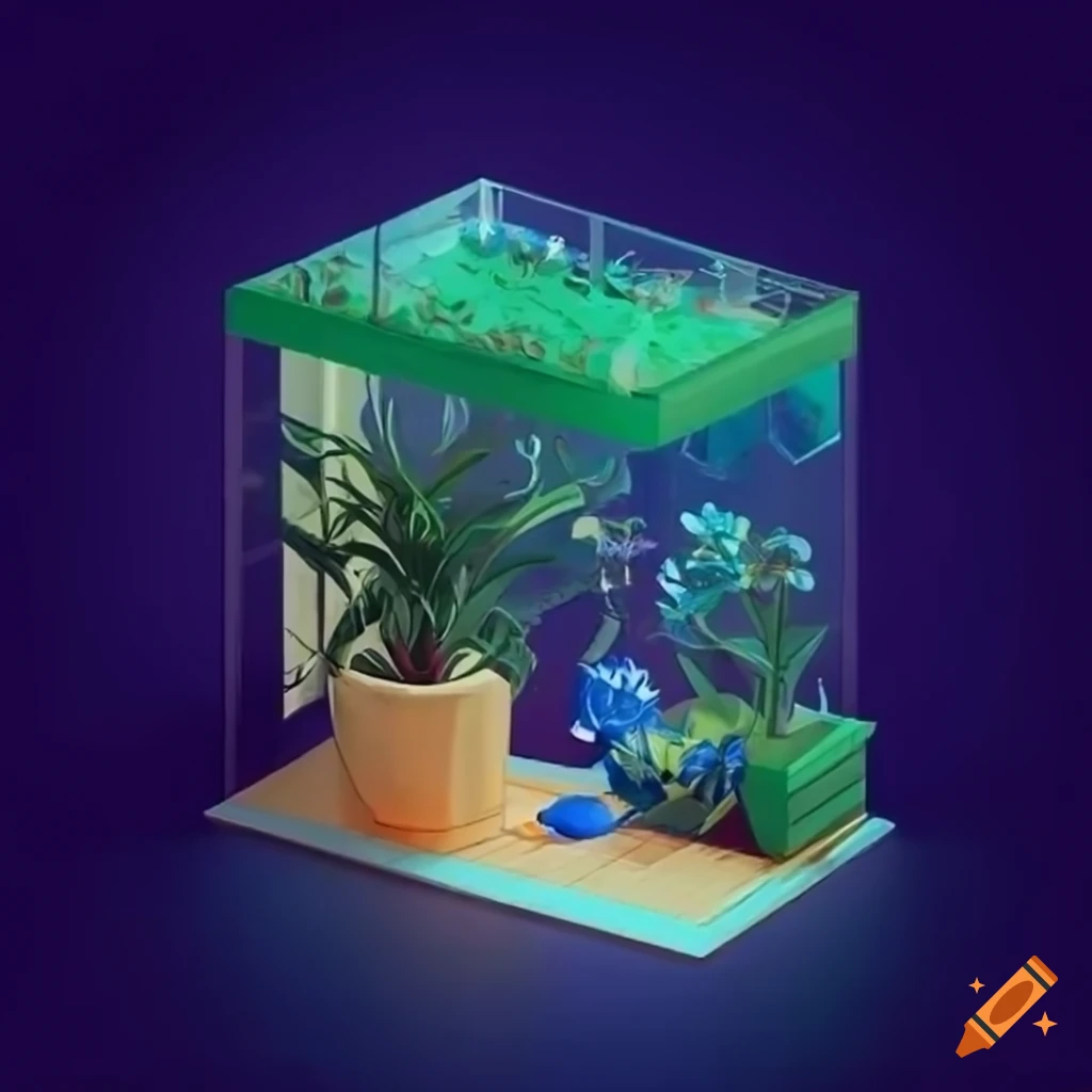 A glass isometric room with houseplants, flowers, and swimming fish