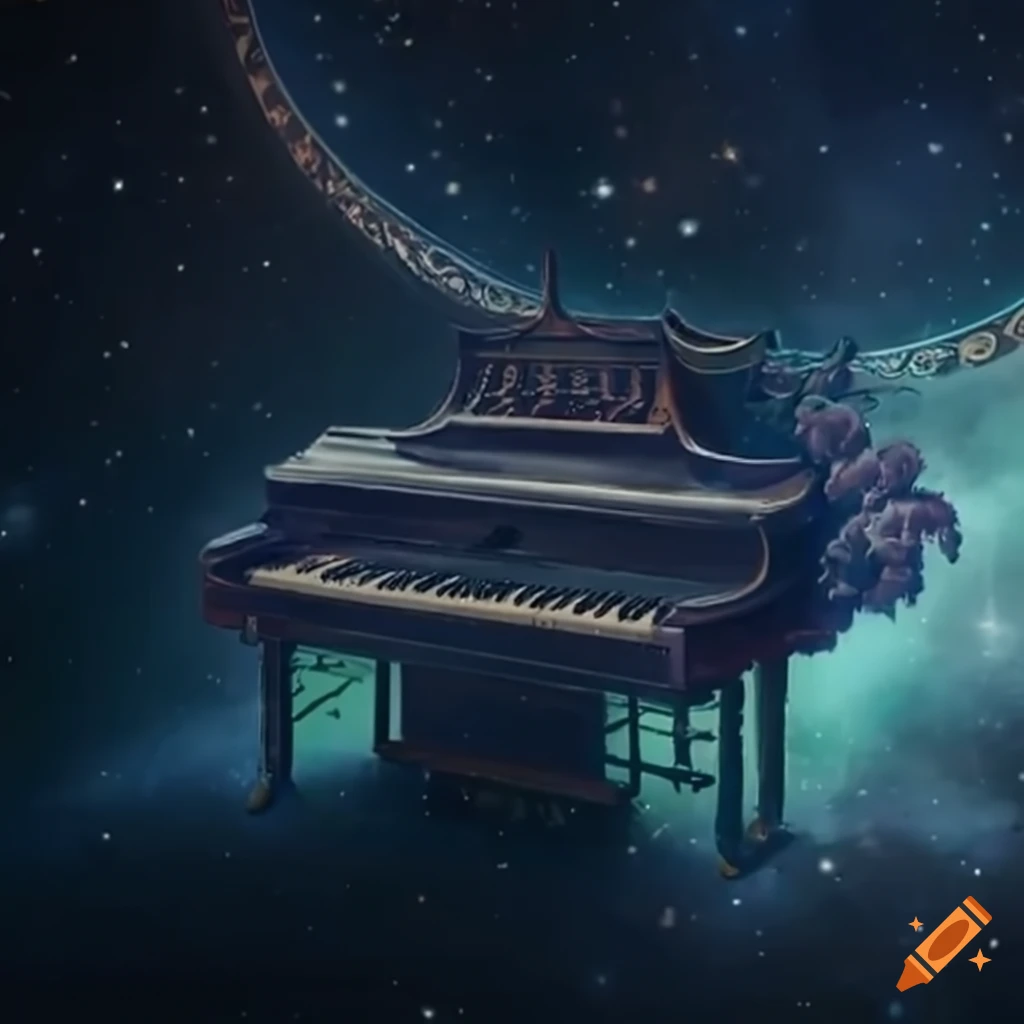 An epic scene where there is a piano in space