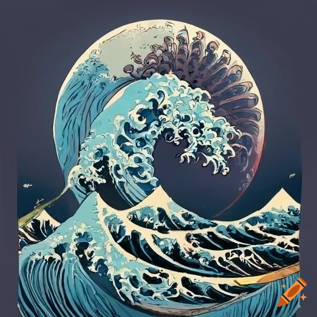 Style old japanese, wave and tuna