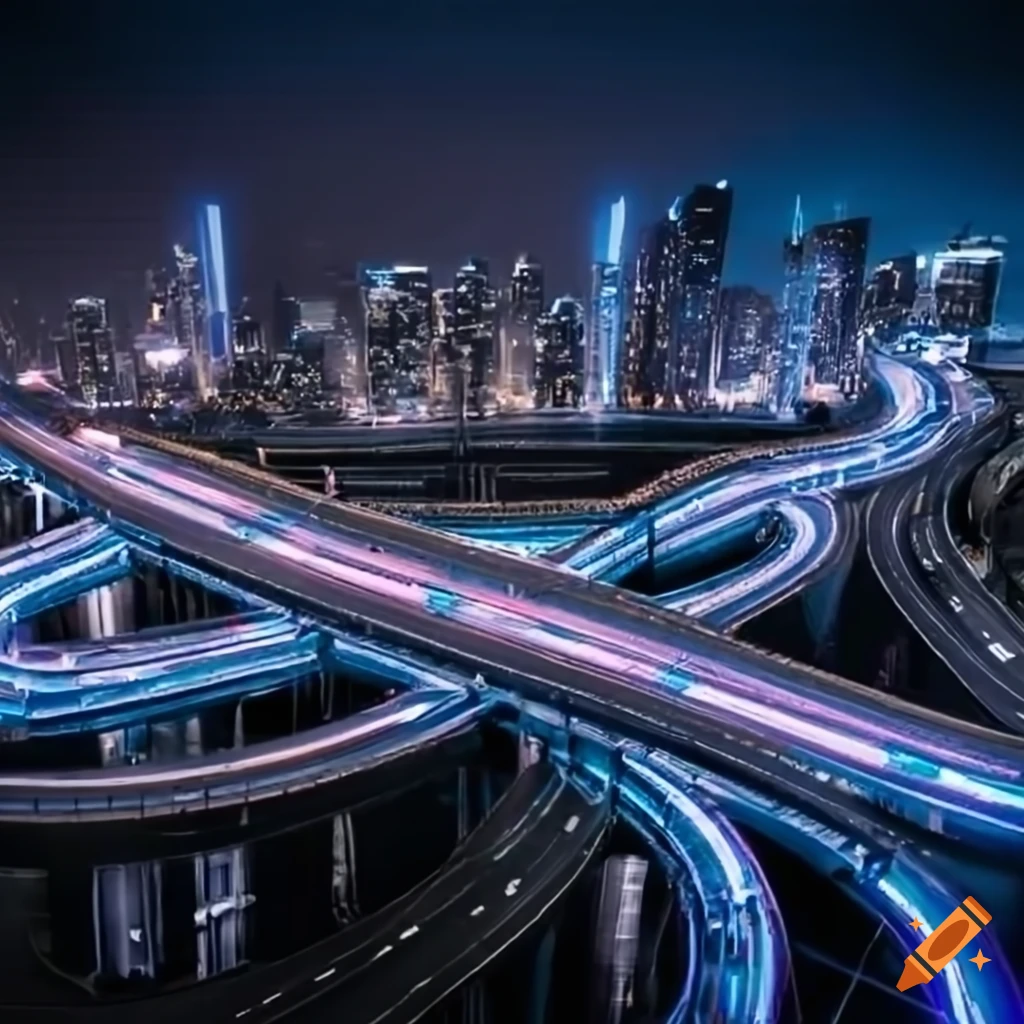 Futuristic city night cyber highway interchange on Craiyon