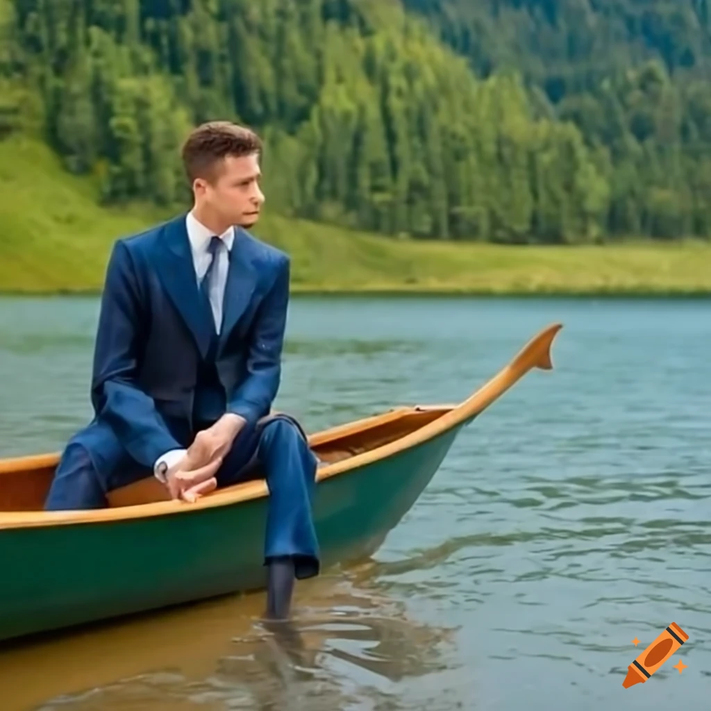 A young man in an office suit sits in a canoe in the middle of Lake ...