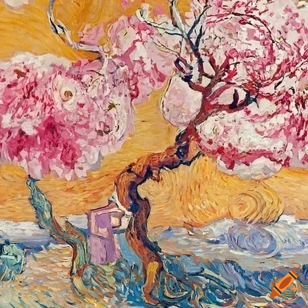 White and pink flowers in strange trees by van gogh