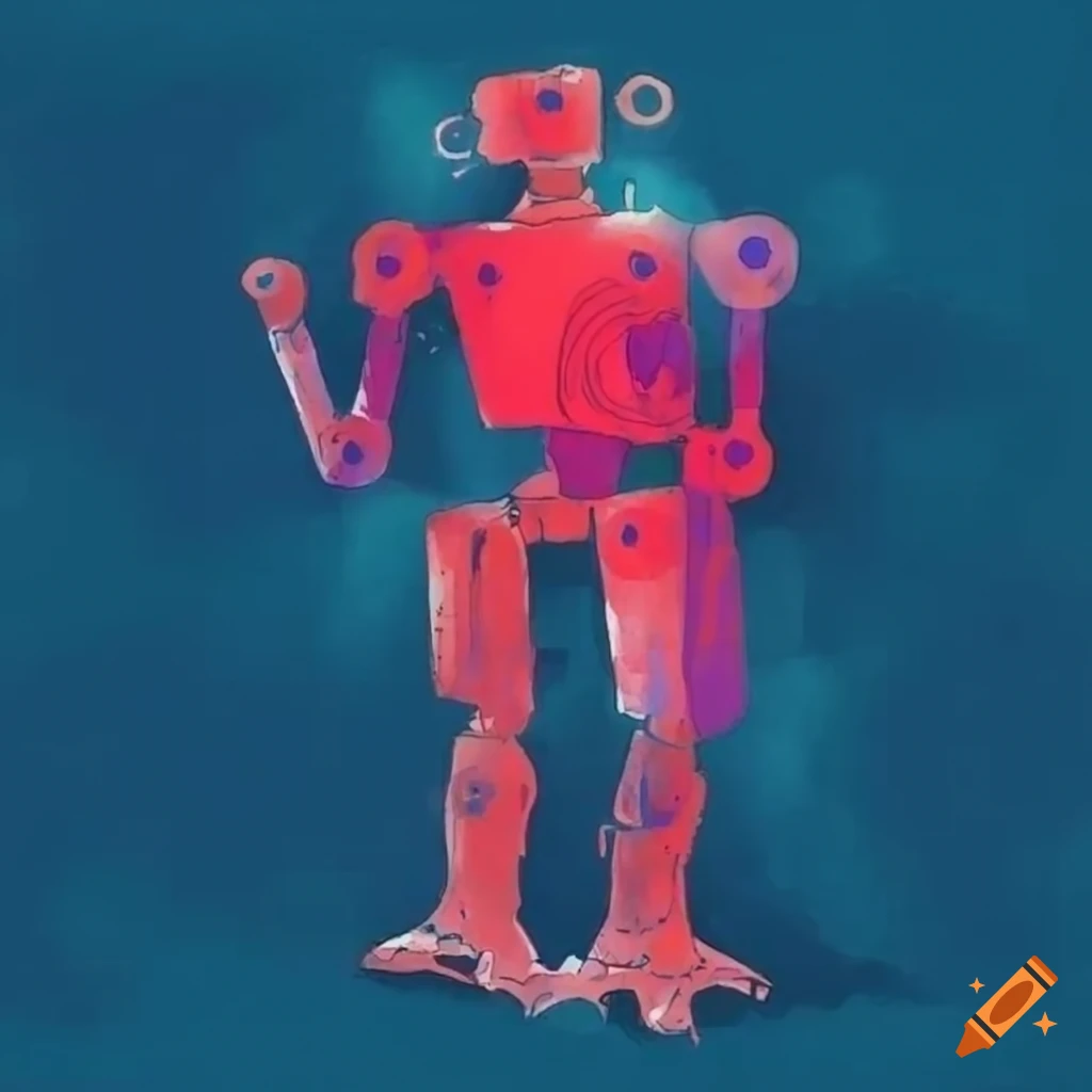 Line art of group of marching robots silhouetted in shiny watercolor