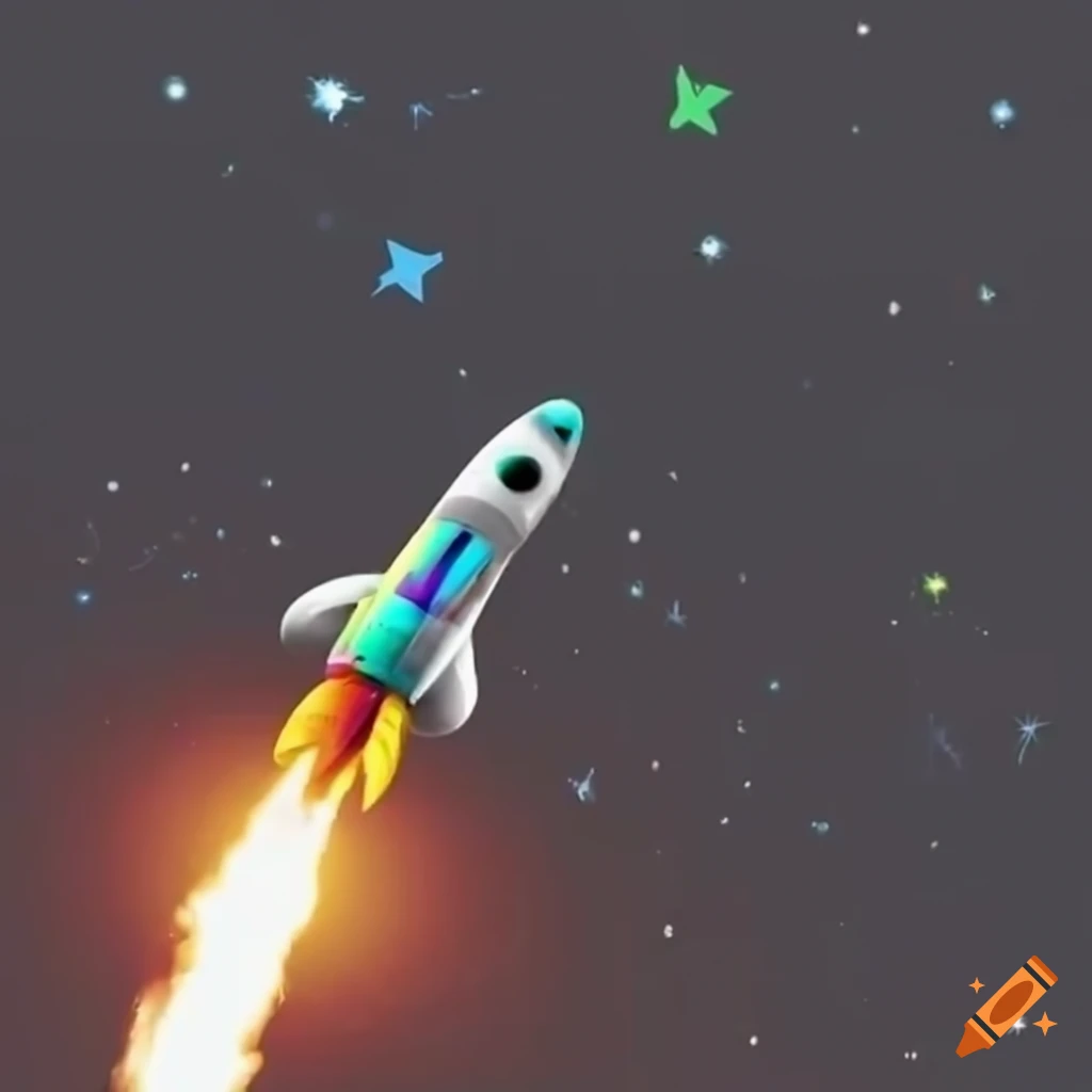 A brightly colored rocket blasting into space surrounded by ...