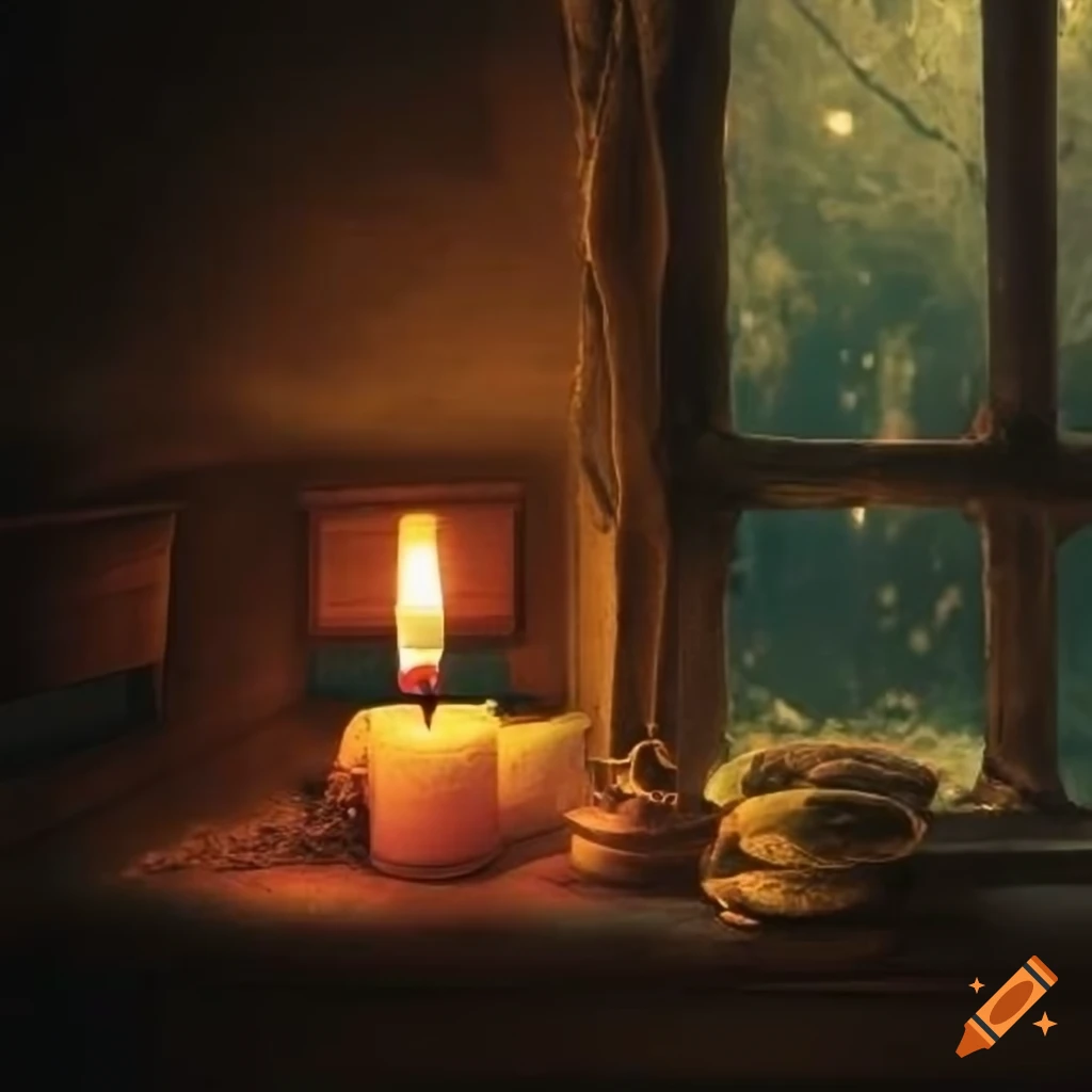 Create a photo of a mullioned window in an old, candlelit room looking ...