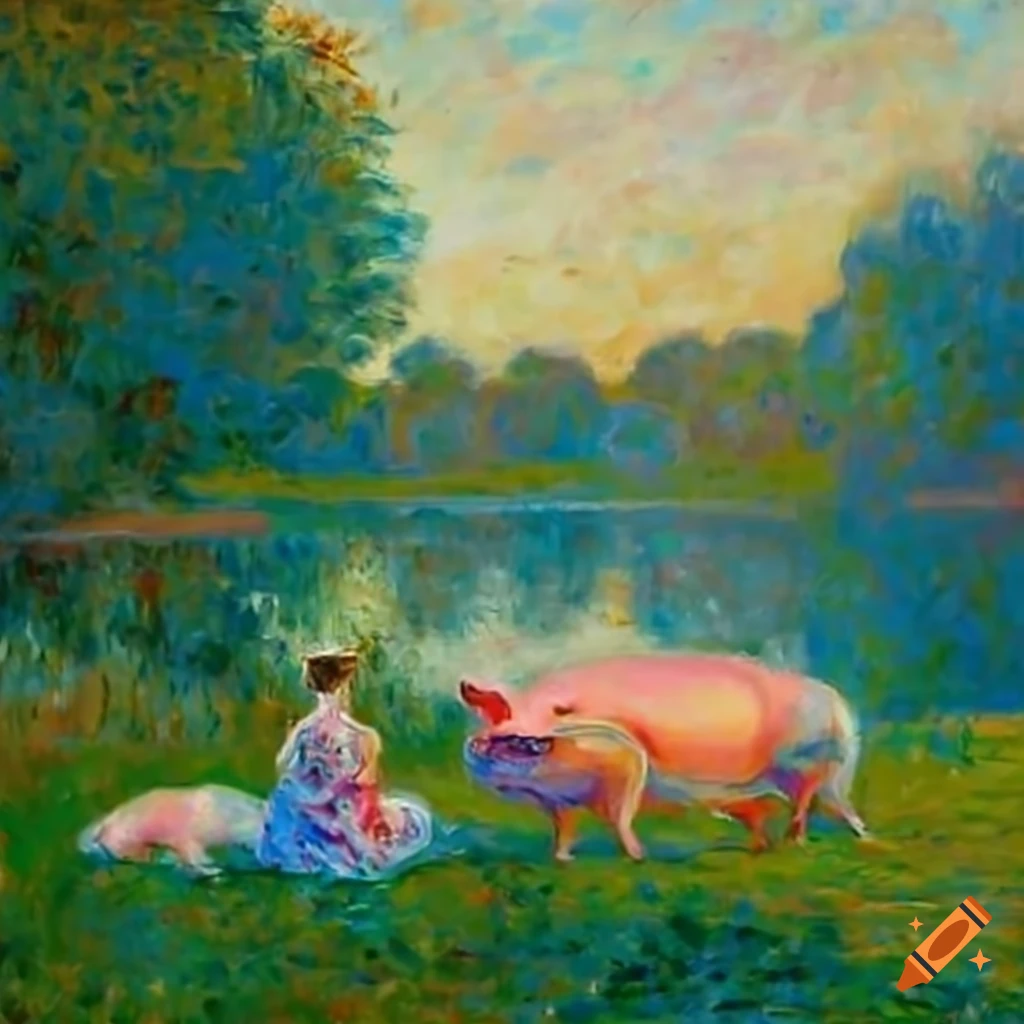 Monet painting of friends gathered around a giant pig in the summer time