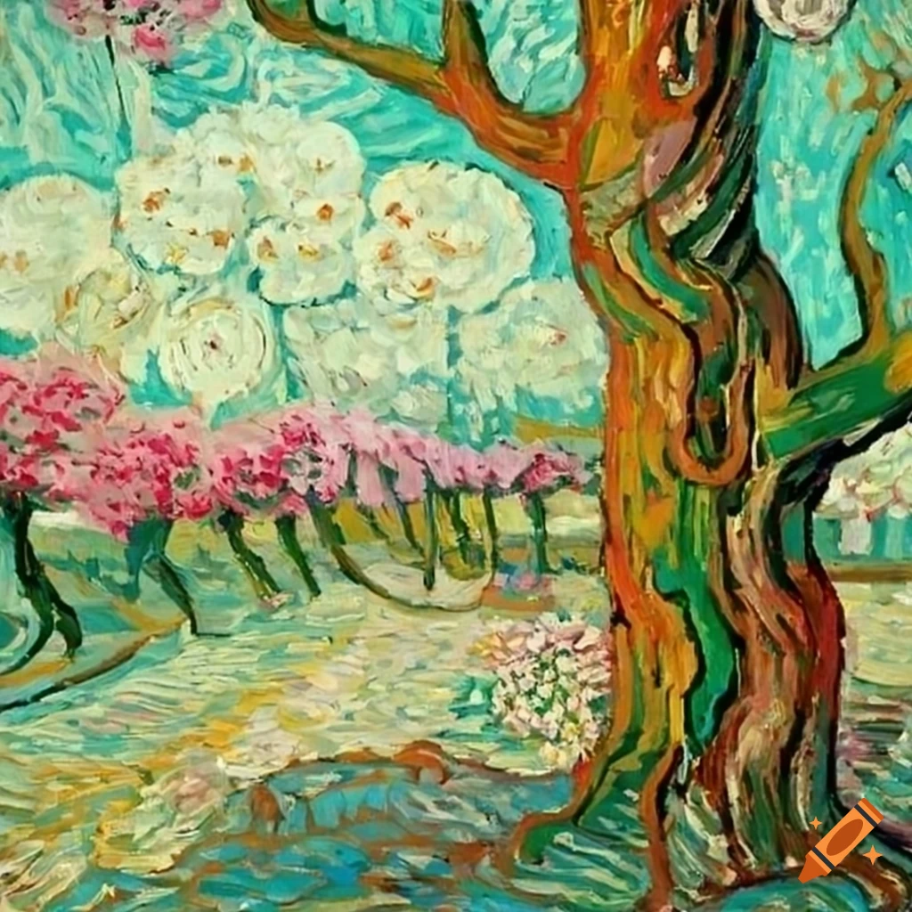 White and pink flowers in strange trees by van gogh
