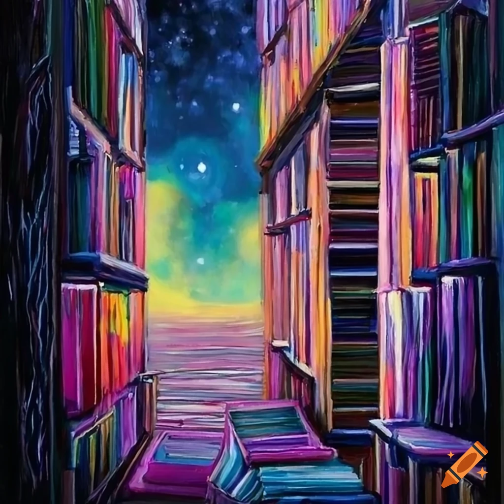 Detailed realism painting of a hallway of books with a starry moon sky ...