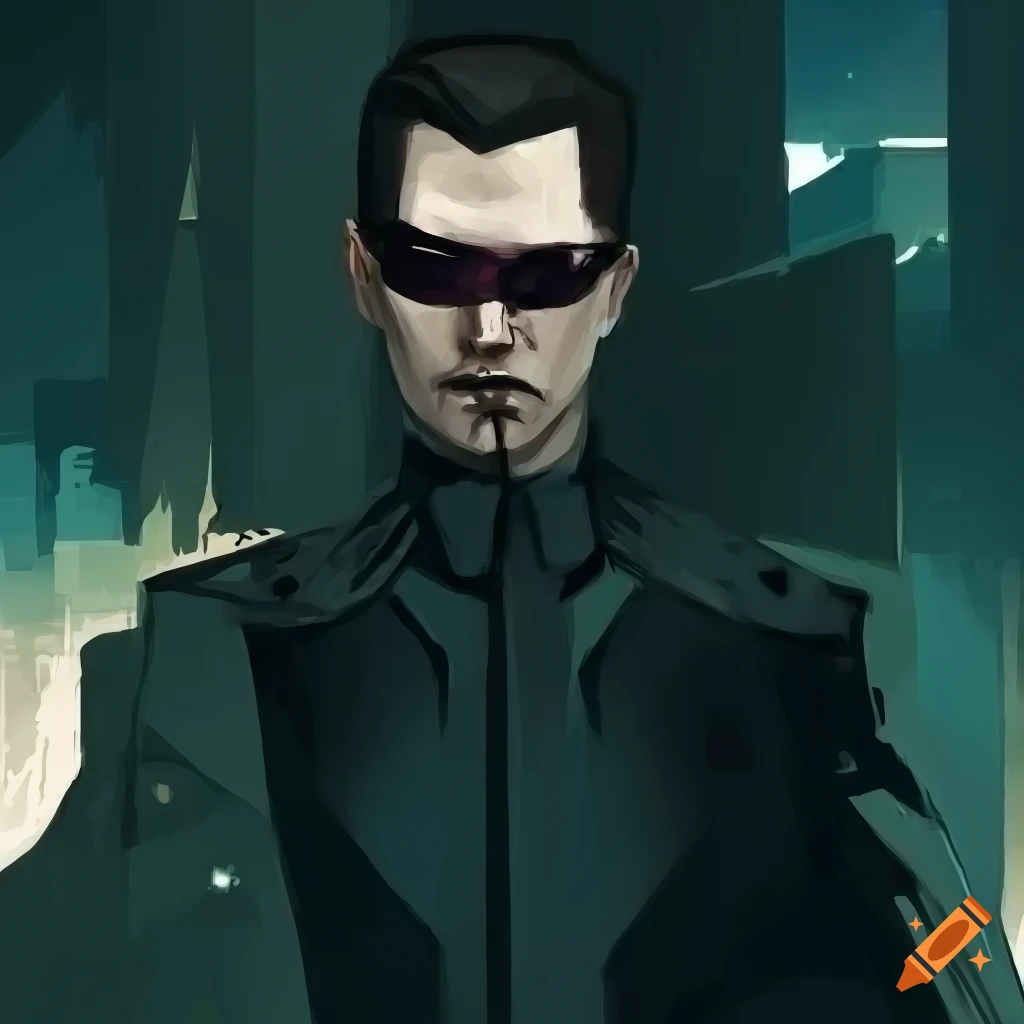 JC Denton from Deus Ex wearing matrix style trench coat and sunglasees ...