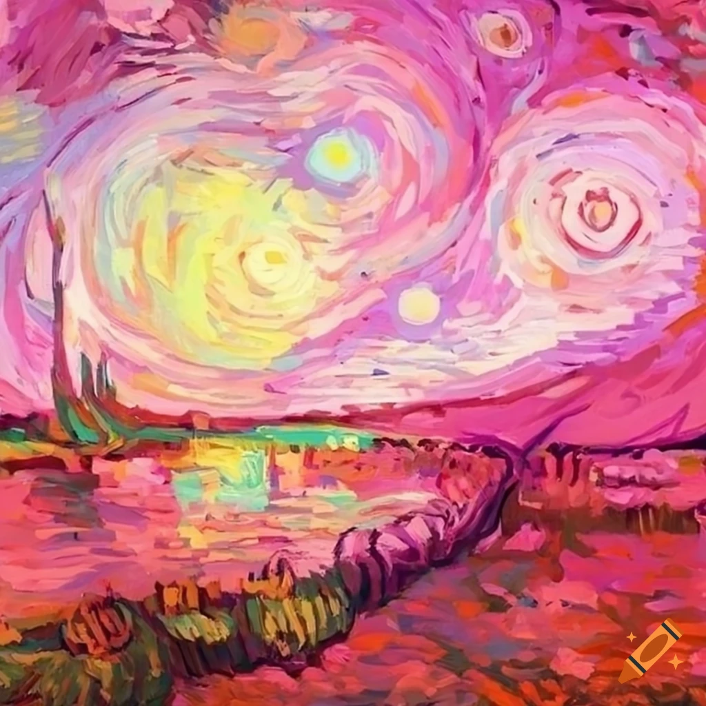 Pink cat van gogh landscape espatulado super simple style