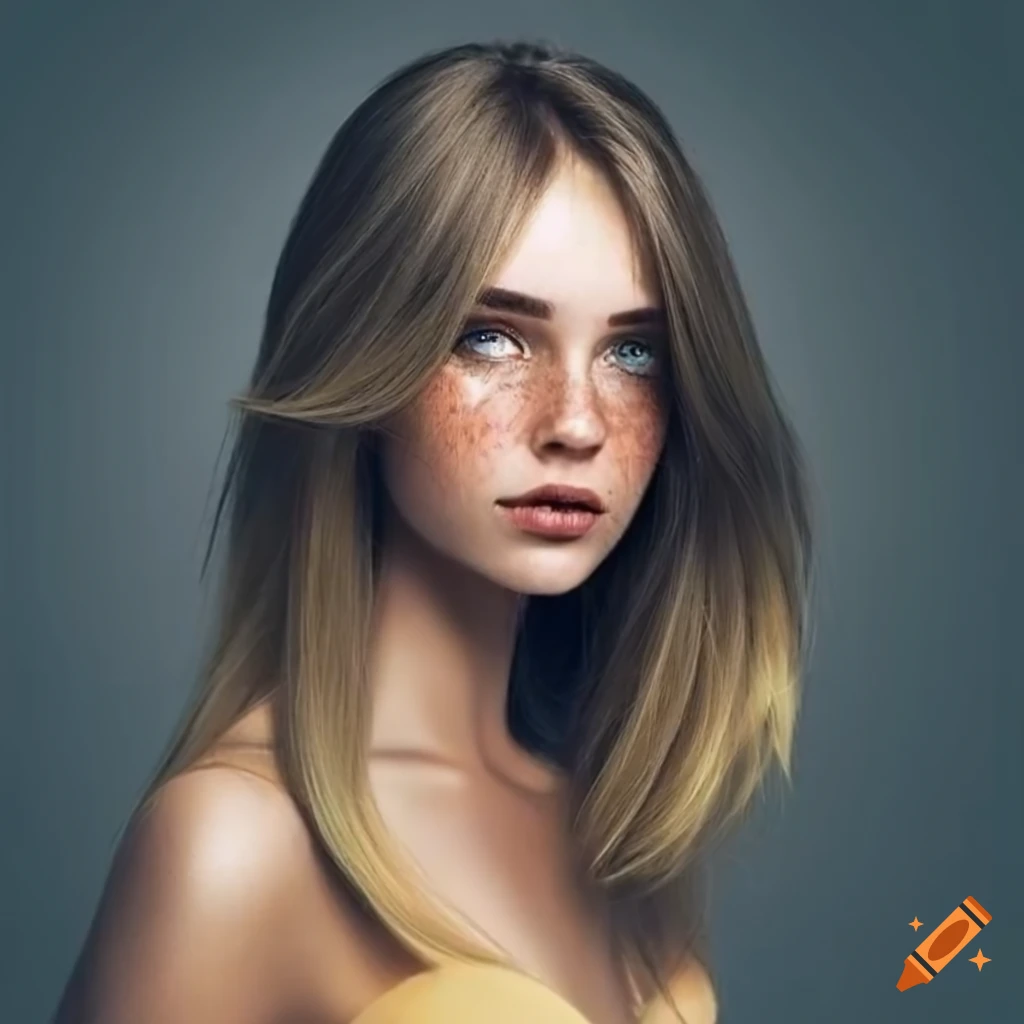 Beautiful young woman shoulder-length dark blonde hair slight freckles ...