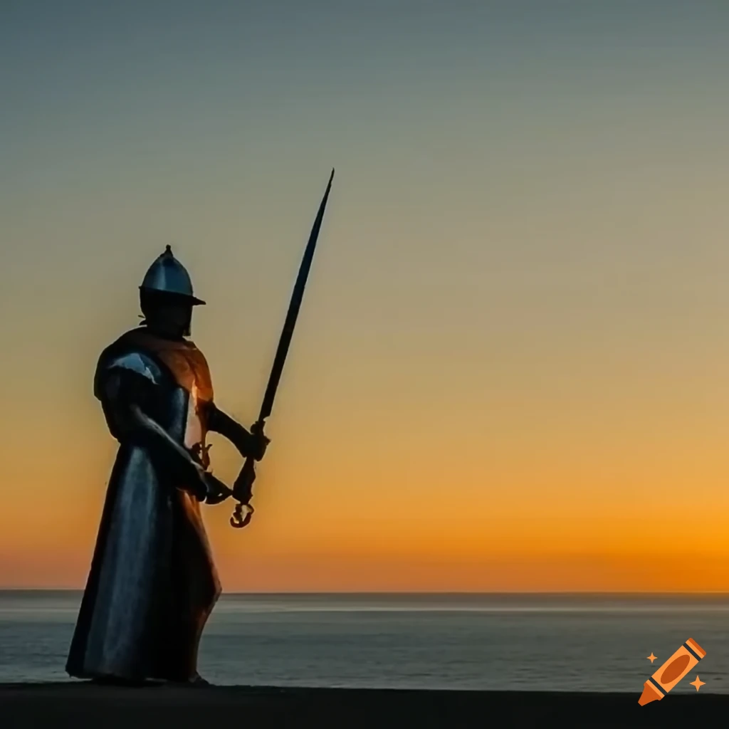 A knight looking to the sea at sunset